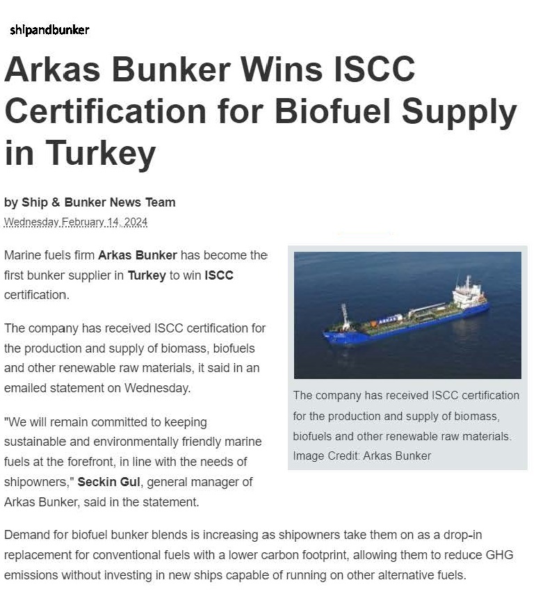 Arkas Bunker Wins ISCC Certification for Biofuel Supply in Turkey ...