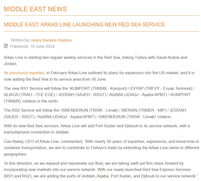 Middle East: Arkas Line launching new Red Sea service | Medya Arkas Haber