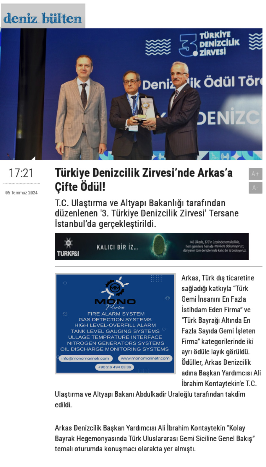 Türkiye Denizcilik Zirvesi'nde Arkas'a çifte ödül | Medya Arkas Haber